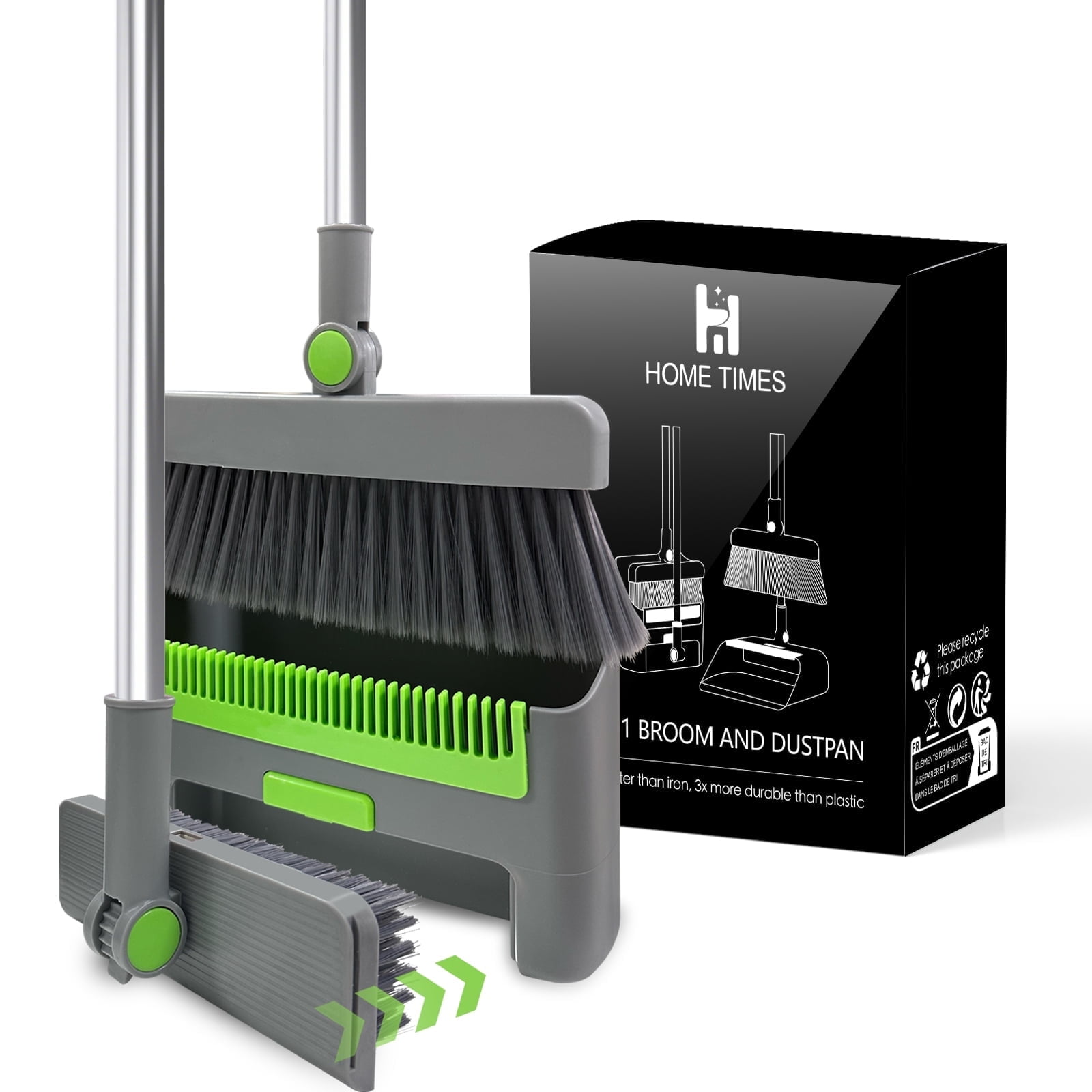 HOME TIMES 3-in-1 Broom Dustpan and Brush Set, Stainless Steel Telescopic Handle & Rotatable ...