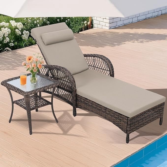 HOMEDIARY Outdoor Wicker Chaise Lounge Chair with Side Table, All ...