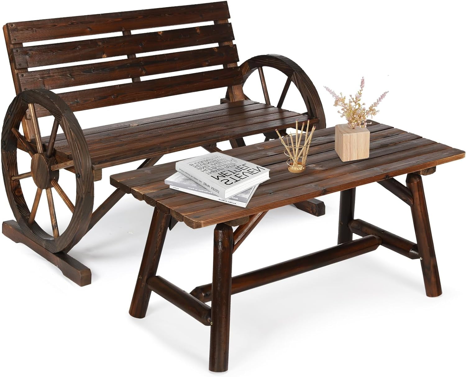HOMEDIARY 2-Piece Outdoor Patio Wooden Loveseat with Table Set, Rustic ...
