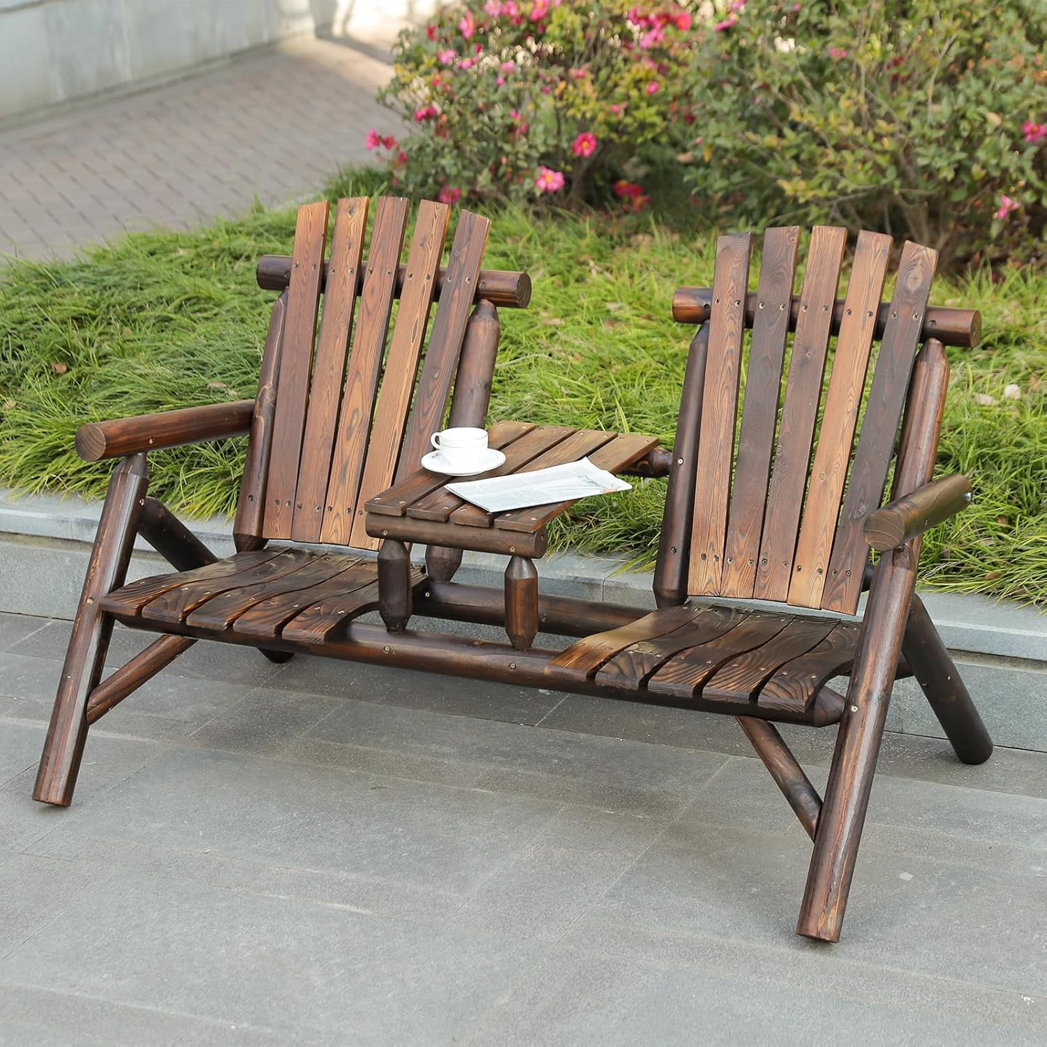 HOMEDIARY 2-Seat Wooden Adirondack Chair, Outdoor Log Patio Loveseat ...