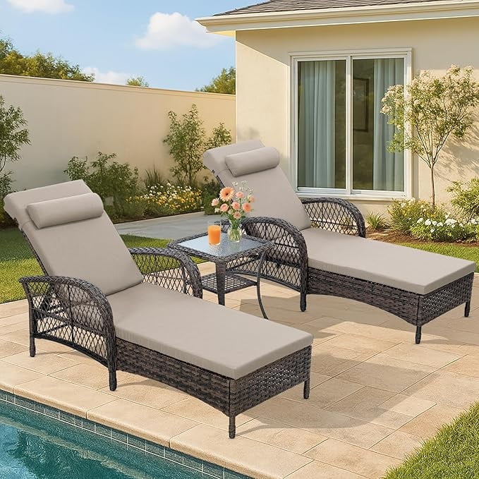 HOMEDIARY 3-Piece Outdoor Wicker Chaise Lounge Chair Set with Side ...