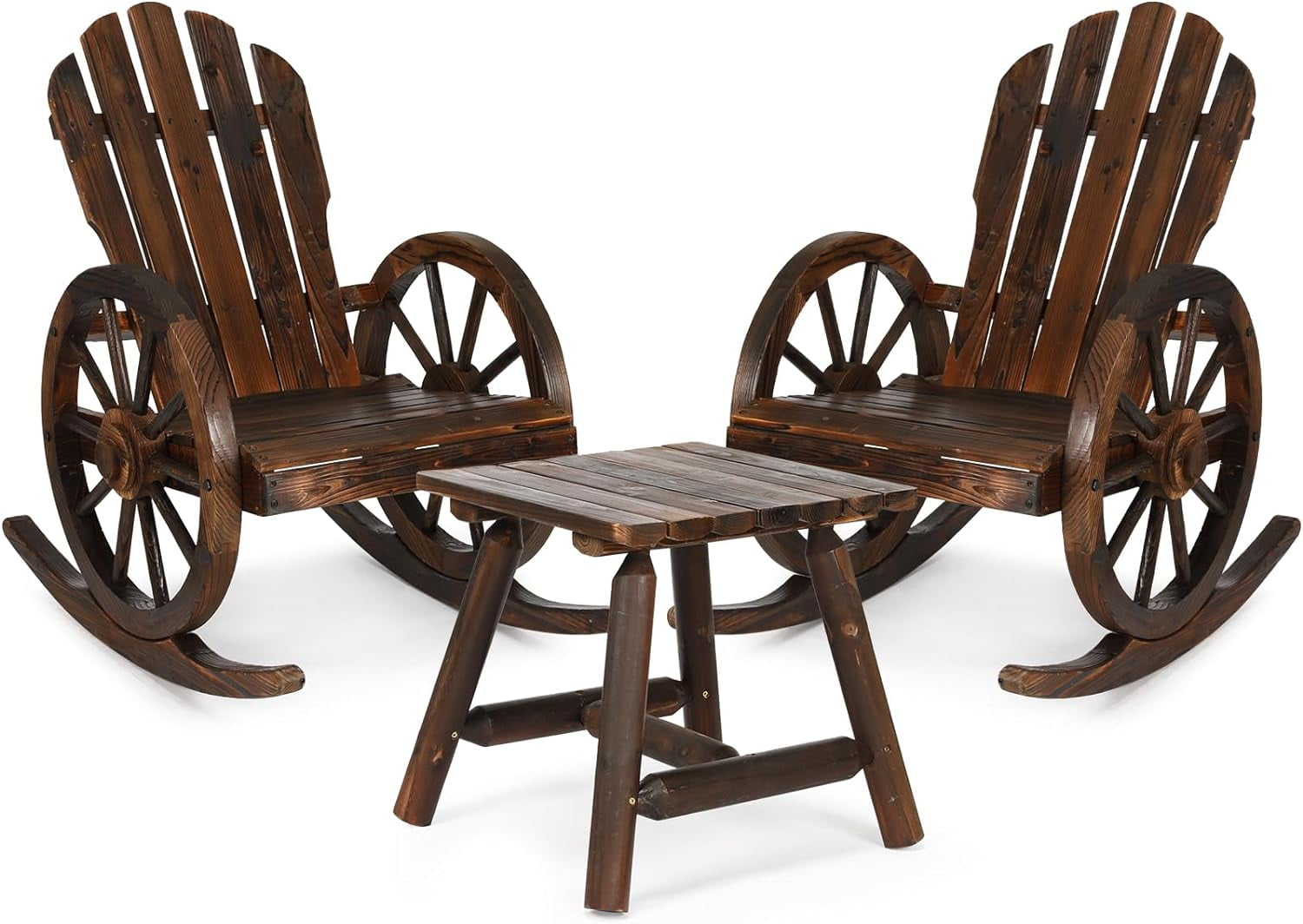 HOMEDIARY 3-Piece Wood Wagon Rocking Bistro Set, Outdoor Adirondack ...