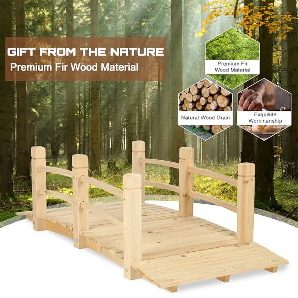 HOMEDIARY Fir Wood Garden Bridge, Outdoor Arc Footbridge Walkway with ...