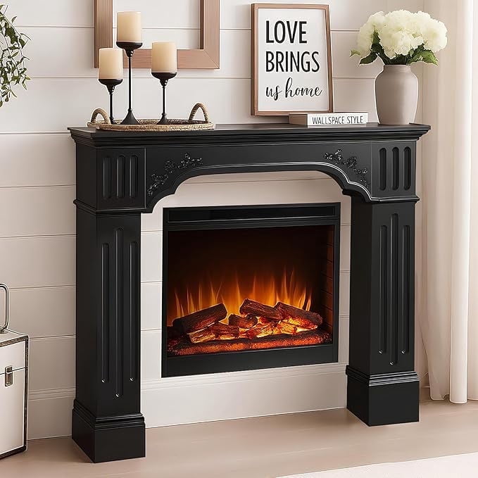 HOMEDIARY Modern Black Freestanding Fireplace Mantel Surround ...