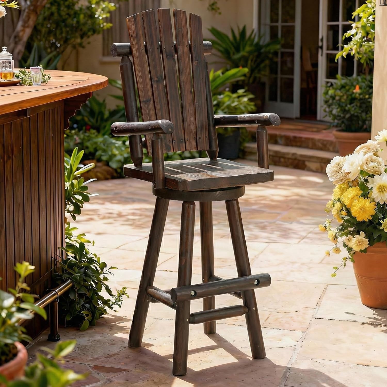 HOMEDIARY Outdoor Solid Wood Swivel Bar Stool, Oversized Rustic Patio ...