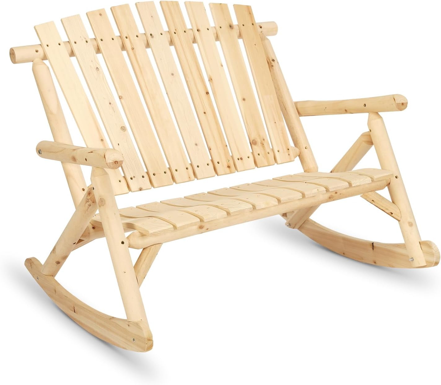 HOMEDIARY Outdoor Wood Rocking Bench, 2-Person Rustic Adirondack Log ...