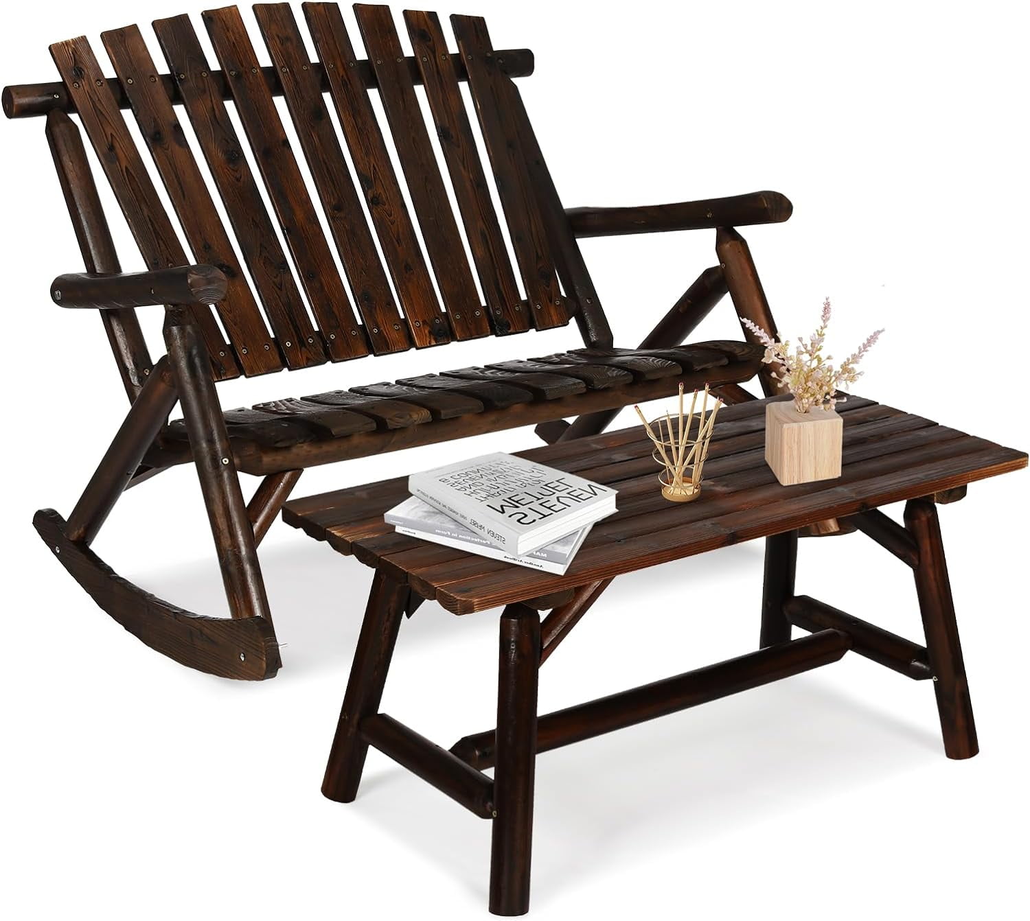 HOMEDIARY Outdoor Wood Rocking Bench Set, Patio Bistro Set-2 Person ...