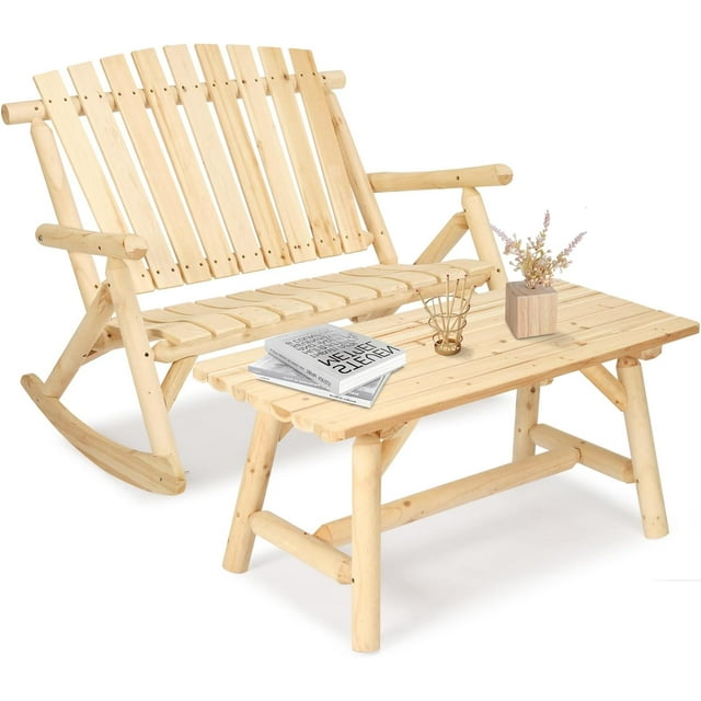 HOMEDIARY Outdoor Wood Rocking Bench Set, Patio Bistro Set-2 Person ...