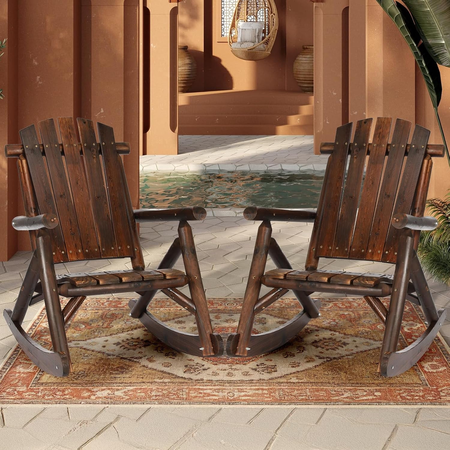 HOMEDIARY Outdoor Wood Rocking Set, Patio Bistro Set, Rustic Adirondack ...