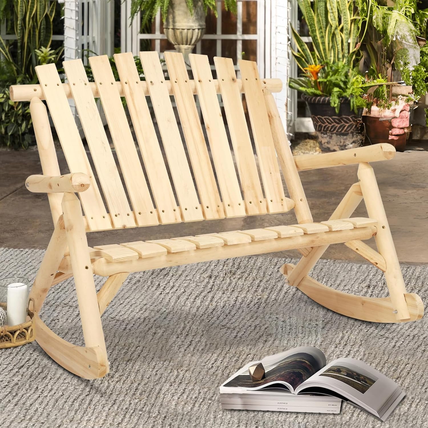 HOMEDIARY Outdoor Wood Rocking Set, Patio Bistro Set, Rustic Adirondack ...