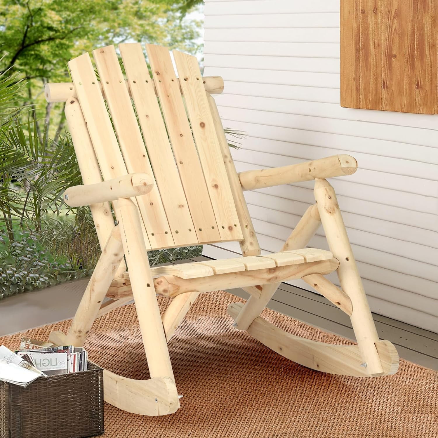 HOMEDIARY Outdoor Wood Rocking Set, Patio Bistro Set, Rustic Adirondack ...