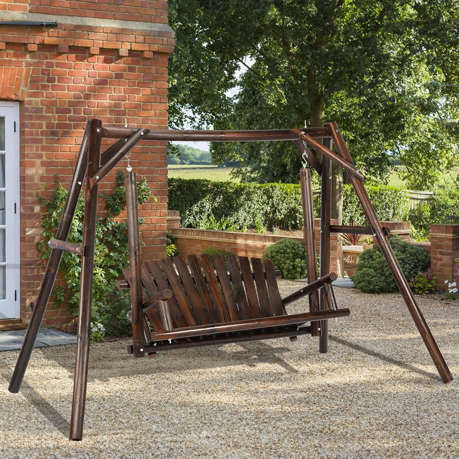 HOMEDIARY Wooden 2-Seat Porch Swing with A-Frame Stand, Outdoor Patio ...