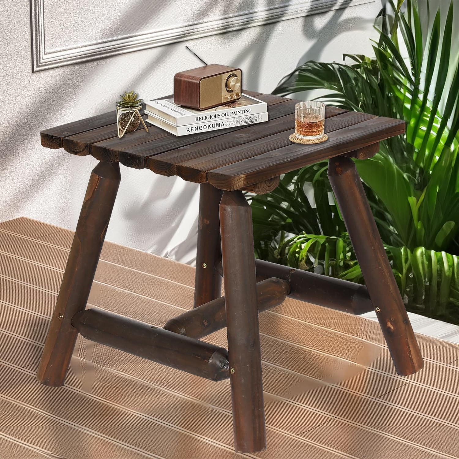 HOMEDIARY Wooden Adirondack Log Side Table, Cedar Wood Outdoor Square ...