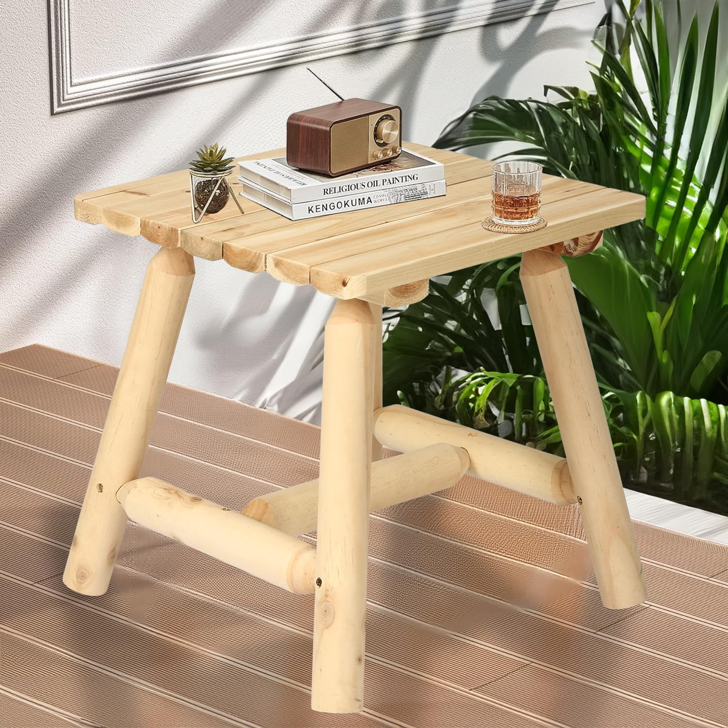 HOMEDIARY Wooden Adirondack Log Side Table, Cedar Wood Outdoor Square ...