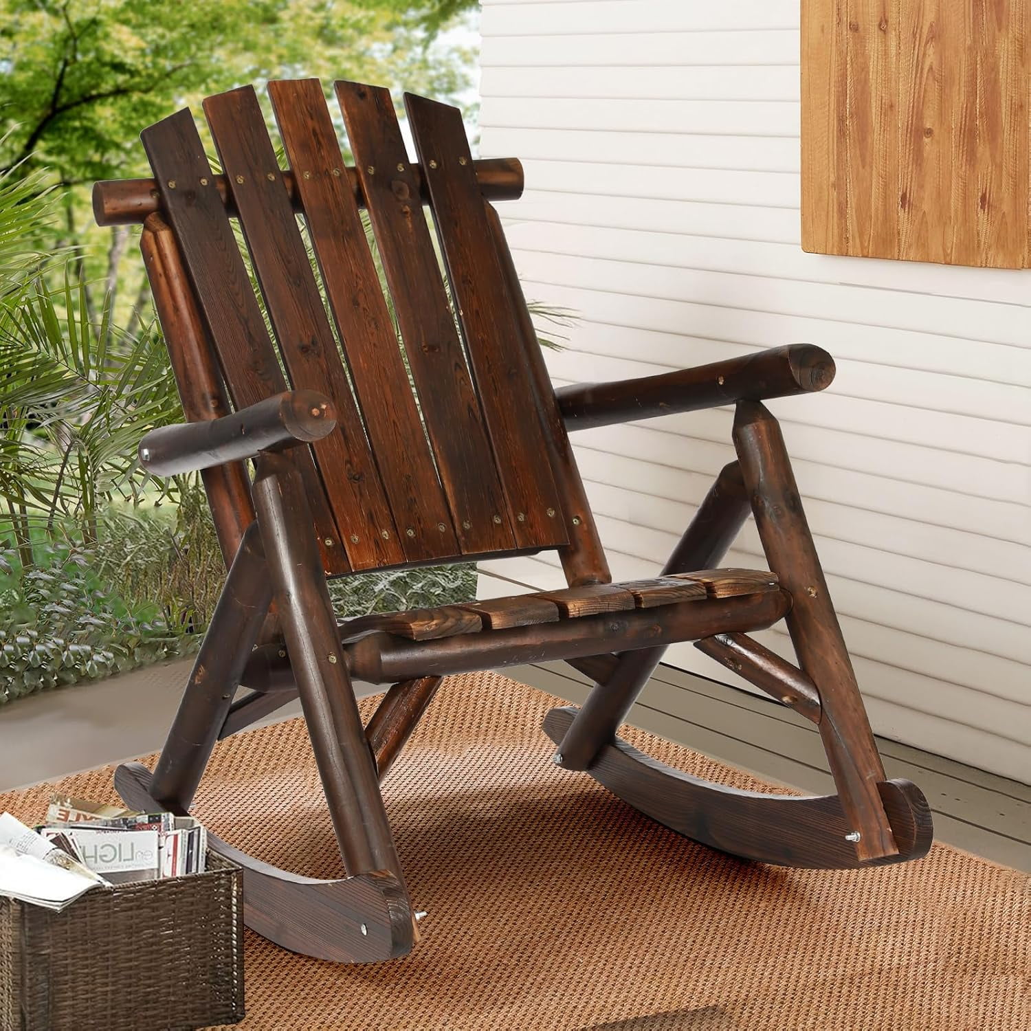 HOMEDIARY Wooden Adirondack Rocking Chair, Patio Log Rocker Outdoor ...