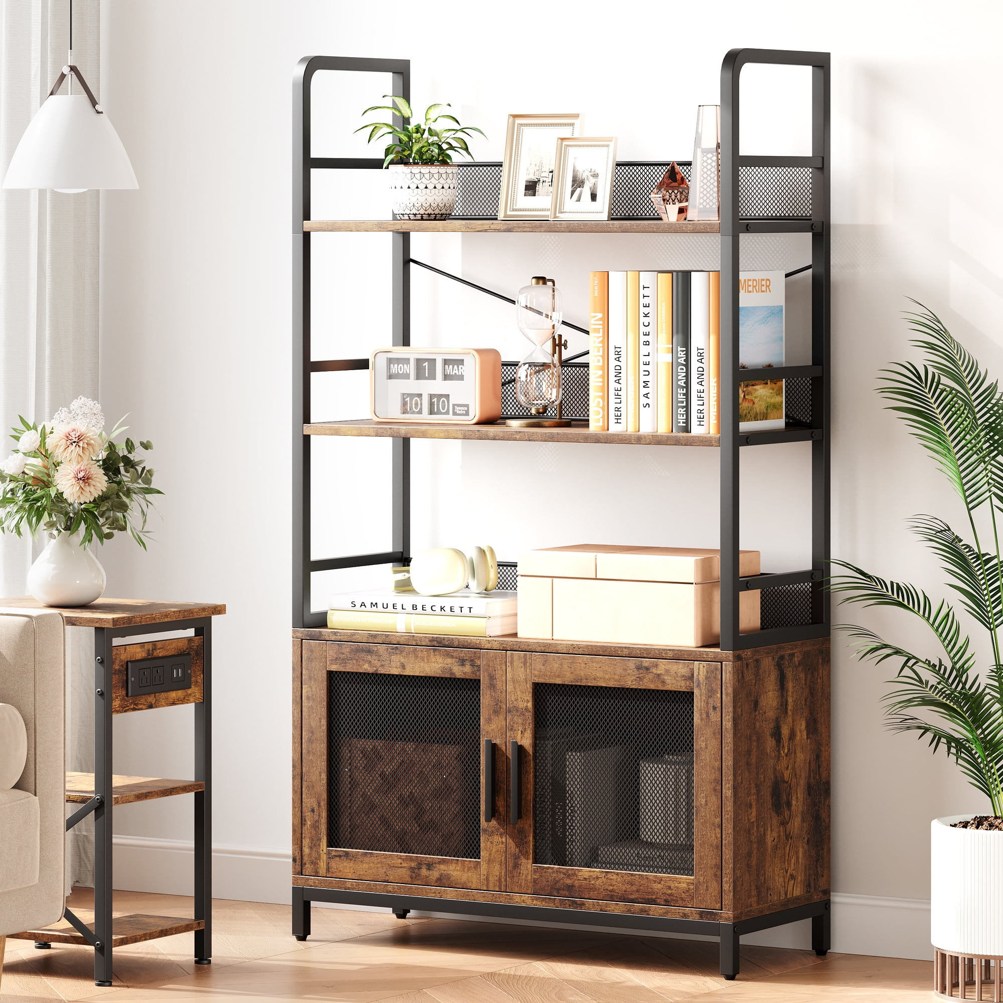 HOMEFAN Bookshelf with Doors Industrial Bookcase with 3 Tiers Open ...