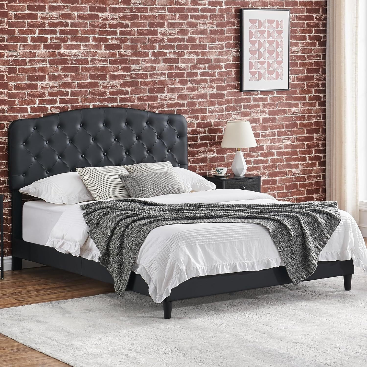 HOMEFAN Full Size Bed Frame with Adjustable Headboard, Linen Fabric ...