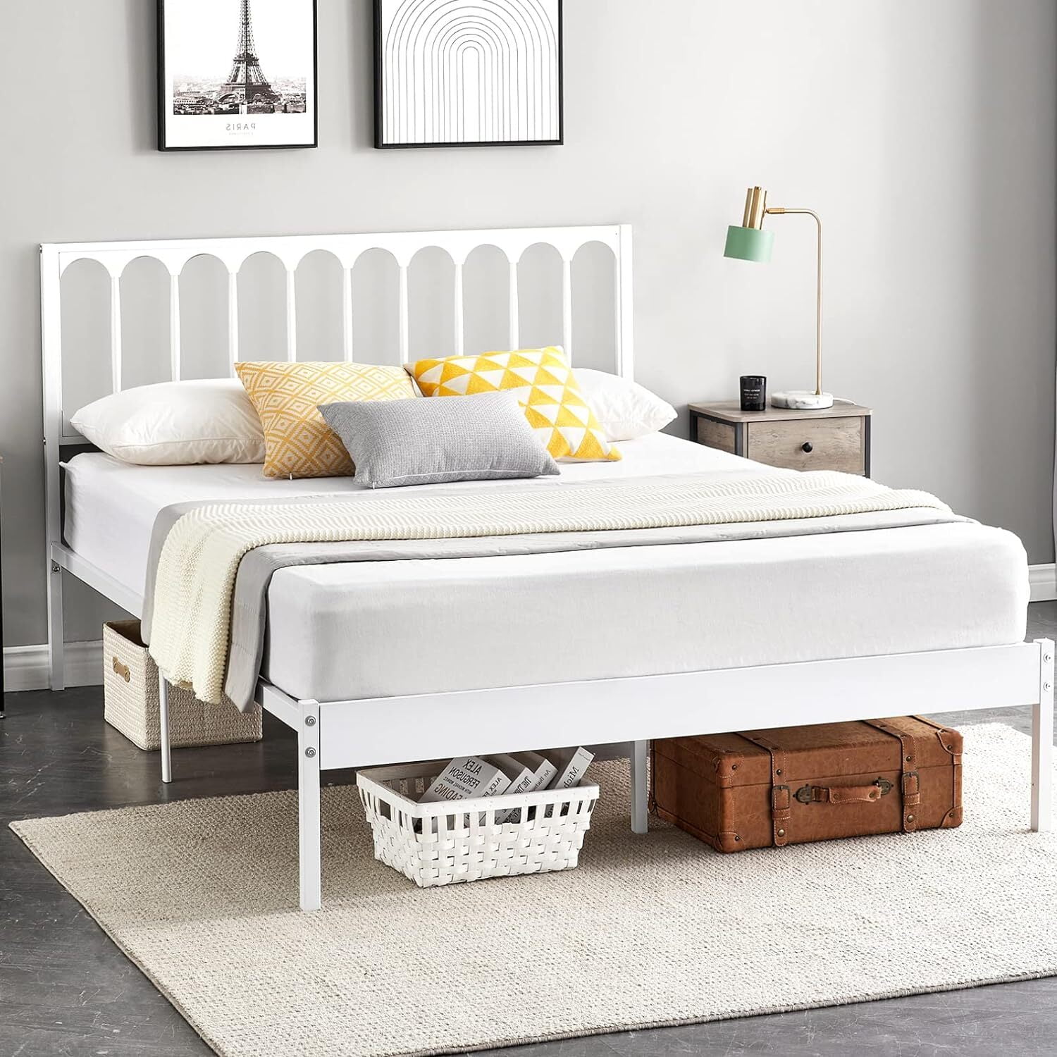 HOMEFAN Full Size Metal Platform Bed Frame with Wave Wooden Headboard ...