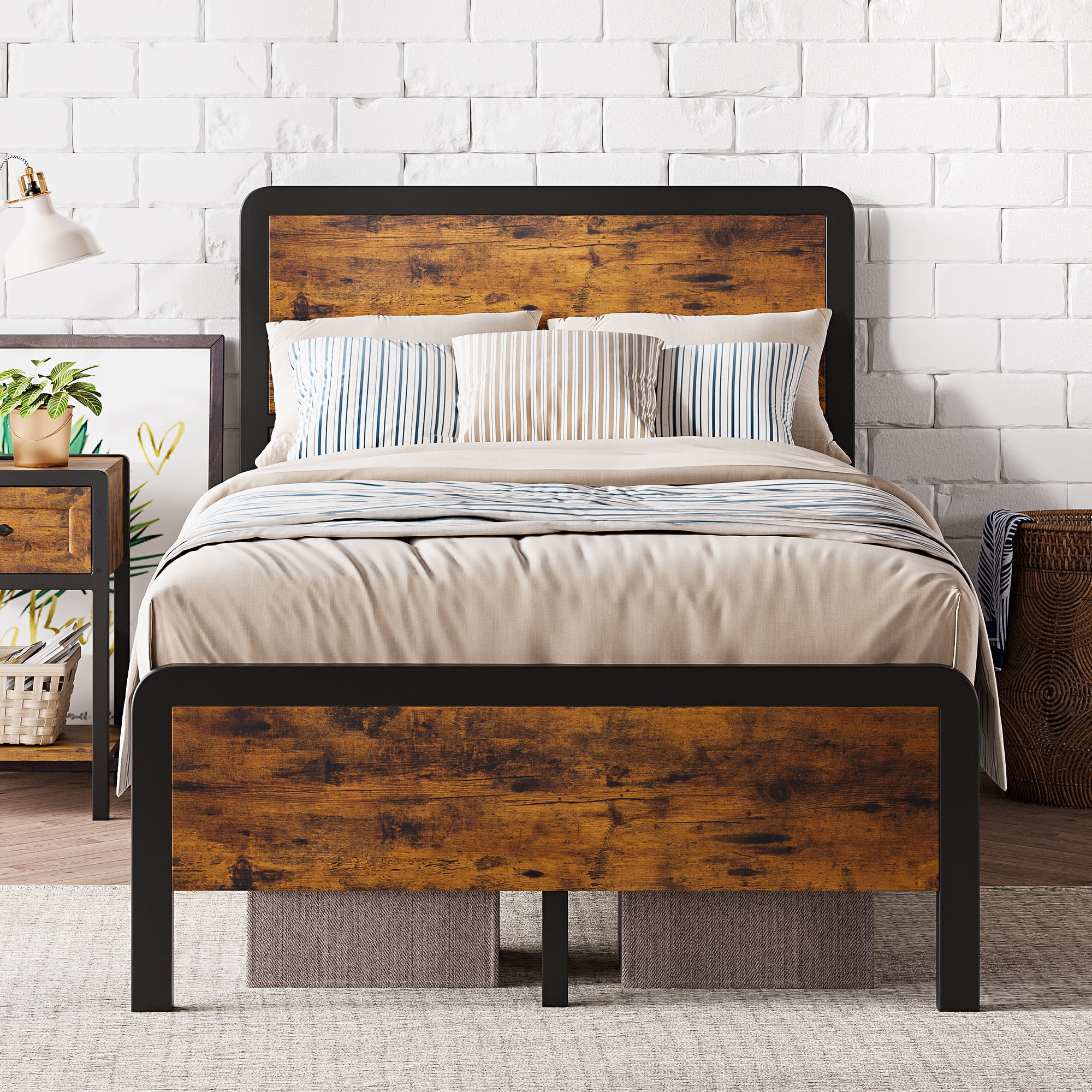 HOMEFAN Twin Bed Frame with Wood Headboard, Rustic Twin Platform Bed ...