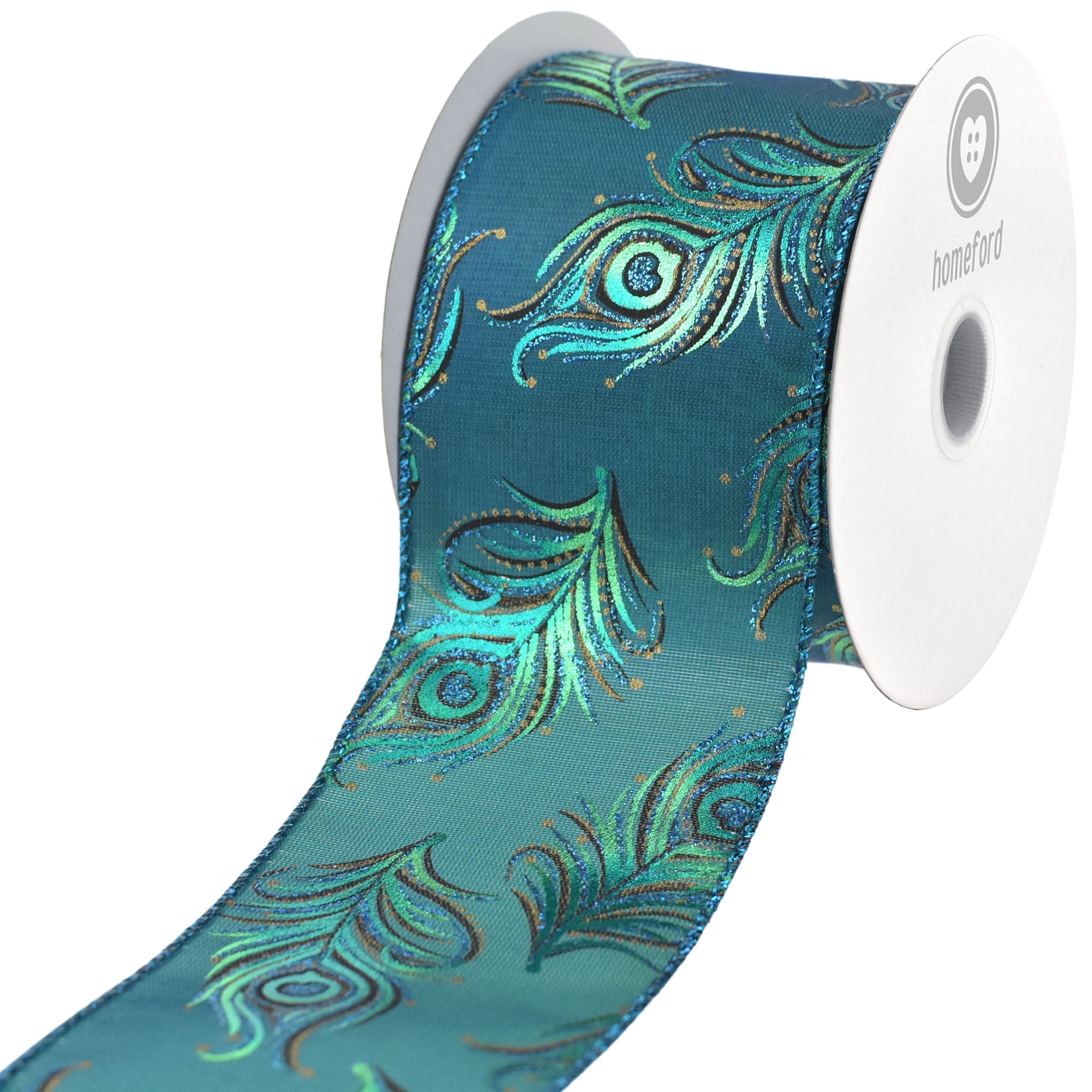 HOMEFORD Metallic Peacock Feather Pattern Wired Ribbon, 2-1/2-inch, 10 ...