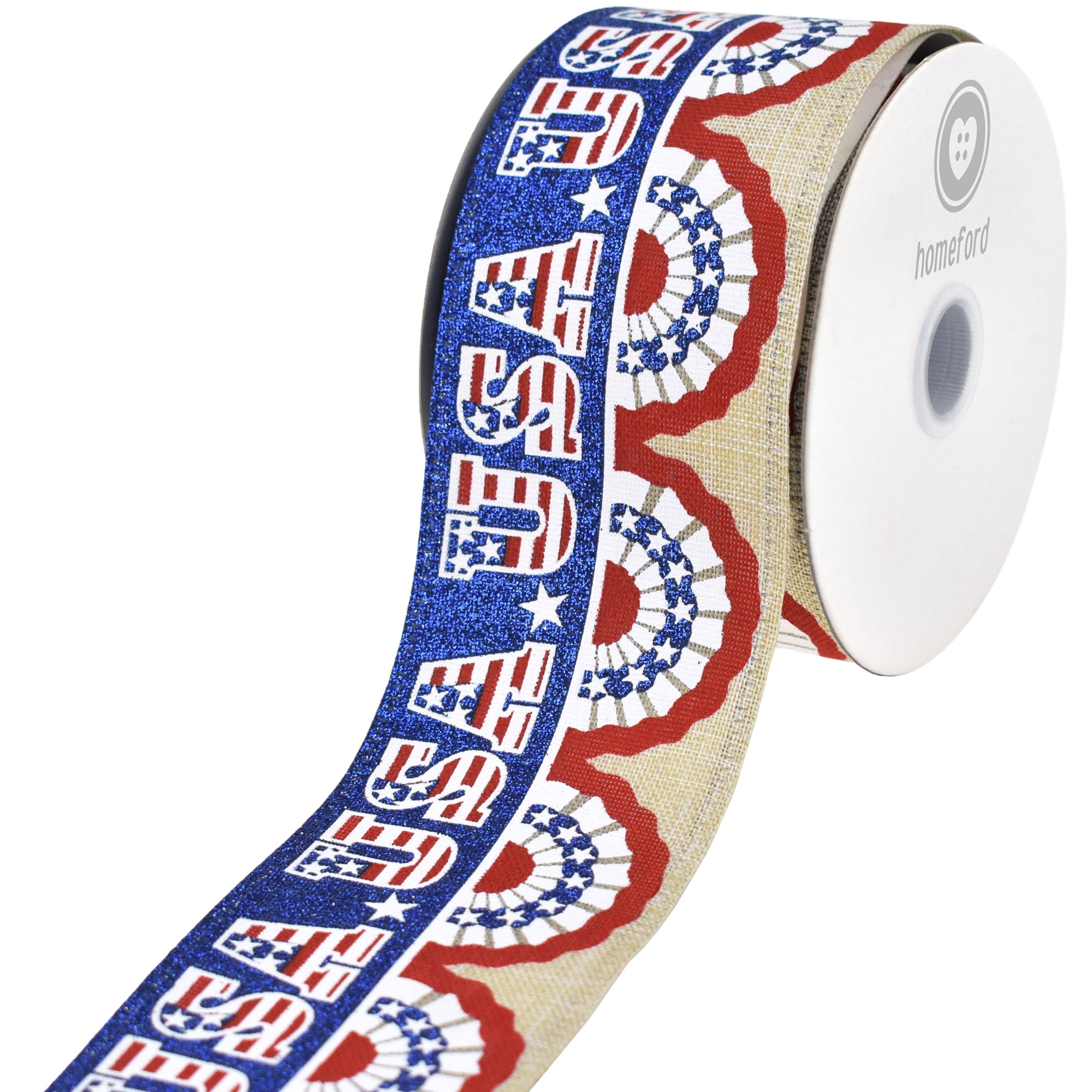 HOMEFORD Patriotic Pleated Fan Flags Faux Linen Wired Ribbon, 2-1/2 ...