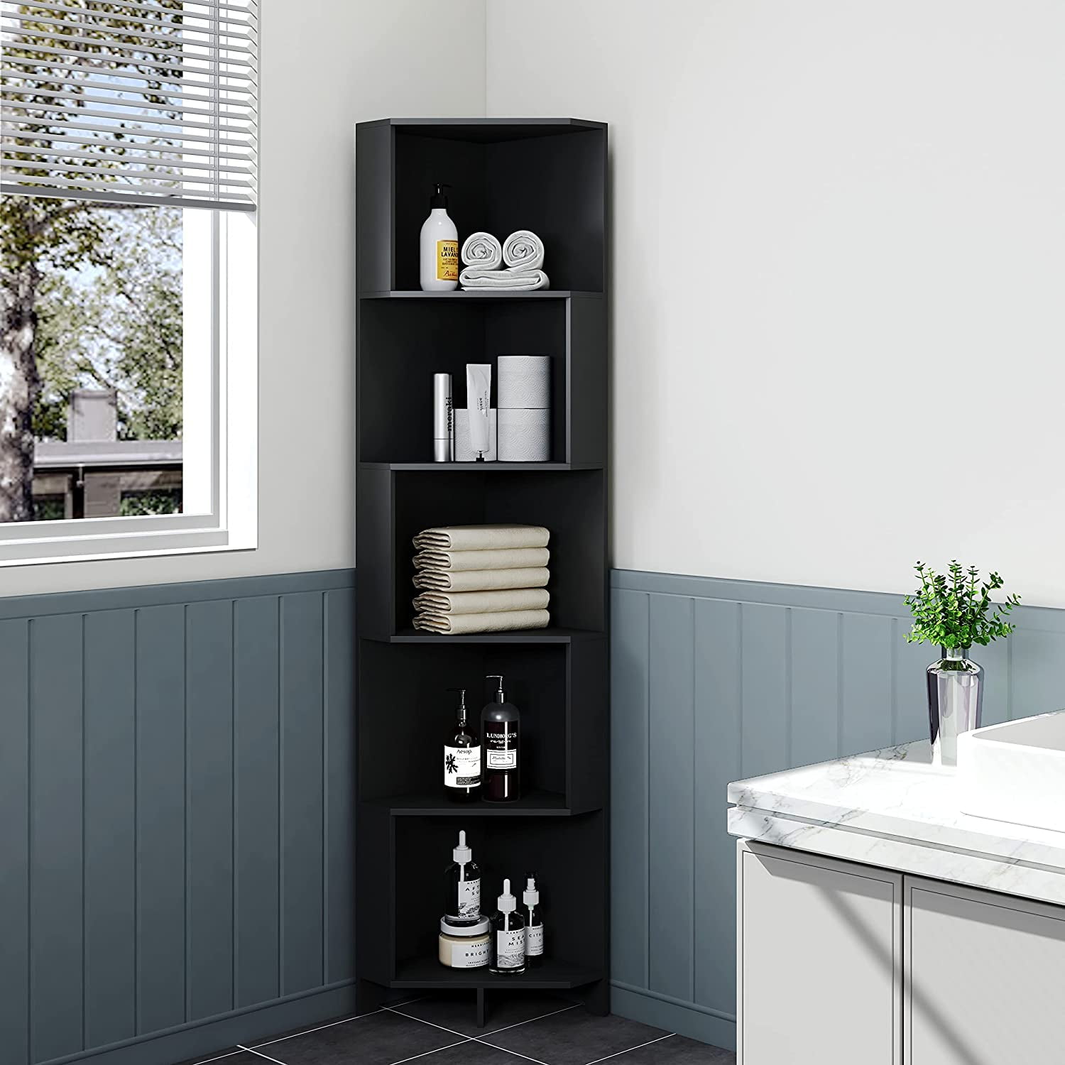 HOMEFORT 5 Tier Corner Bookshelf, Small Corner Bookcase Cabinet Slim ...