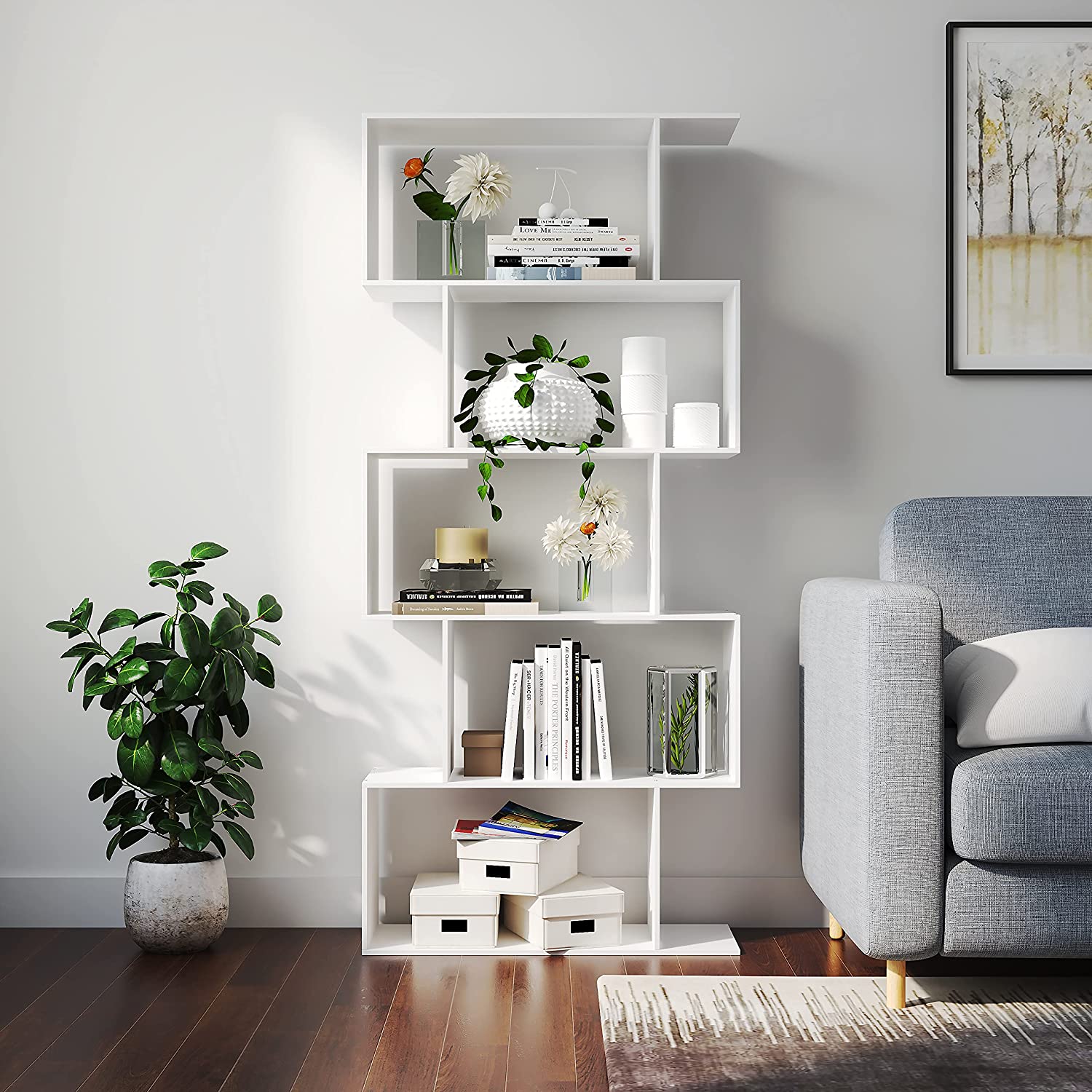 Dextrus 5-Tier S-Shaped Bookshelf, Geometric Bookcase Wooden Z-Shelf ...