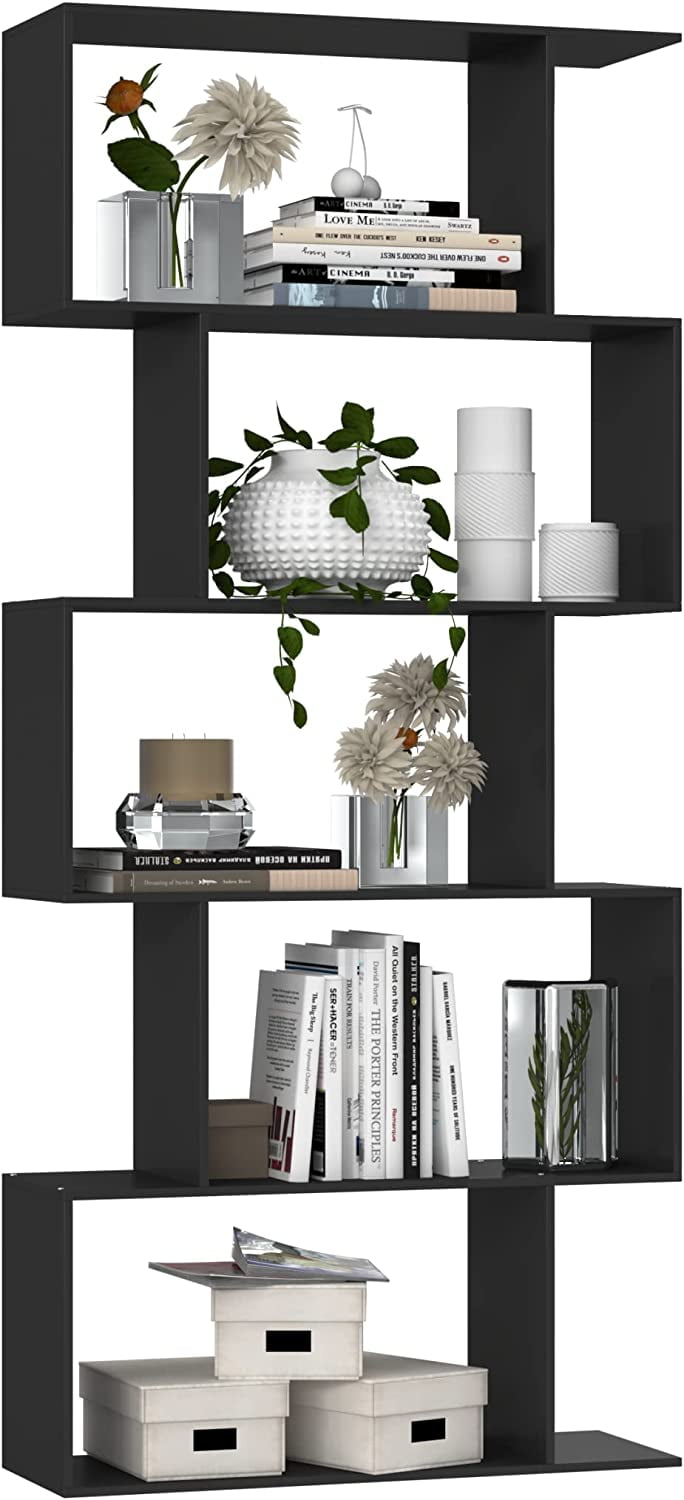 HOMEFORT Geometric Bookcase, 5-Tier Wooden S Shaped Storage Bookcase ...