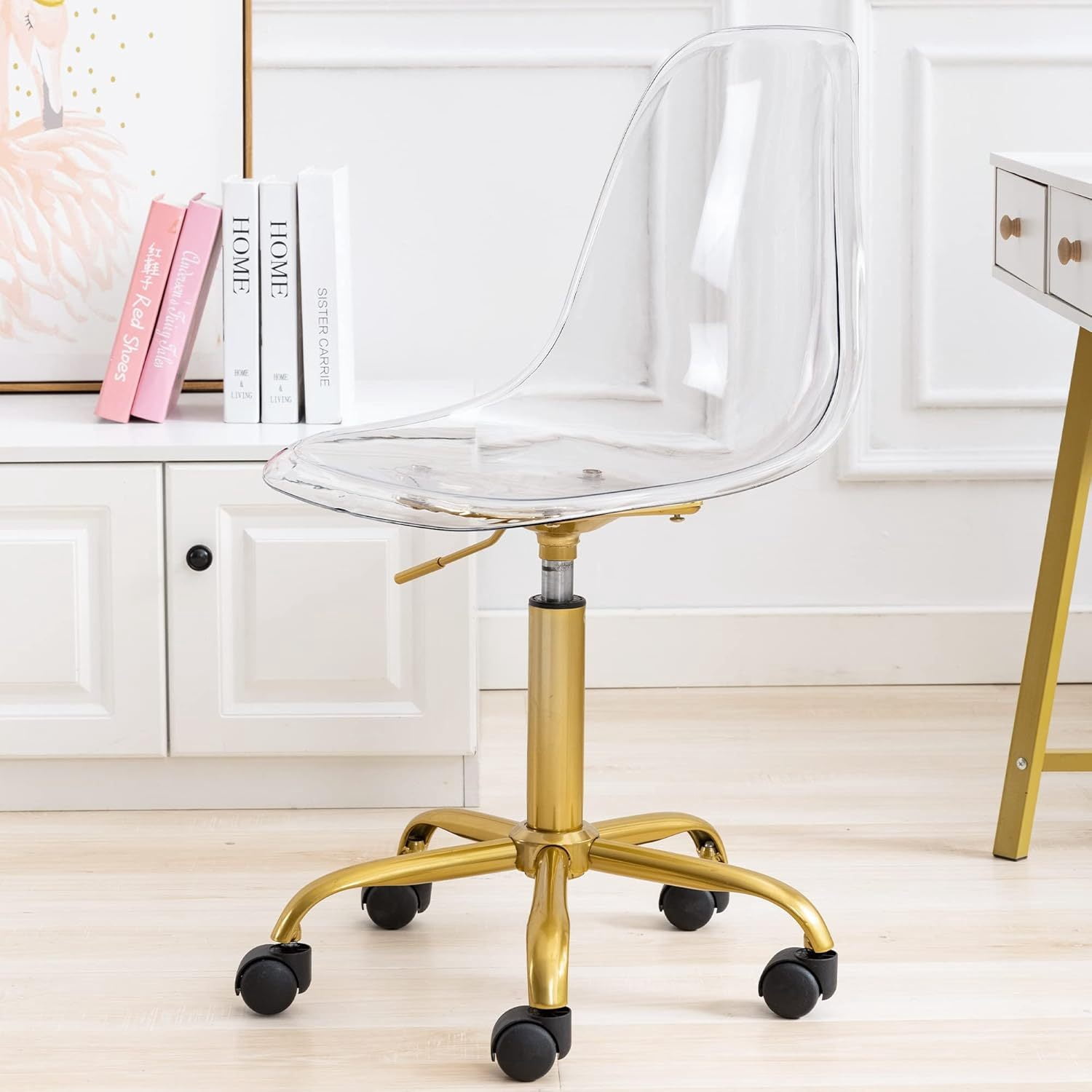 HOMEFUN Clear Desk Chair, Acrylic Rolling Armless Vanity Swivel Height ...