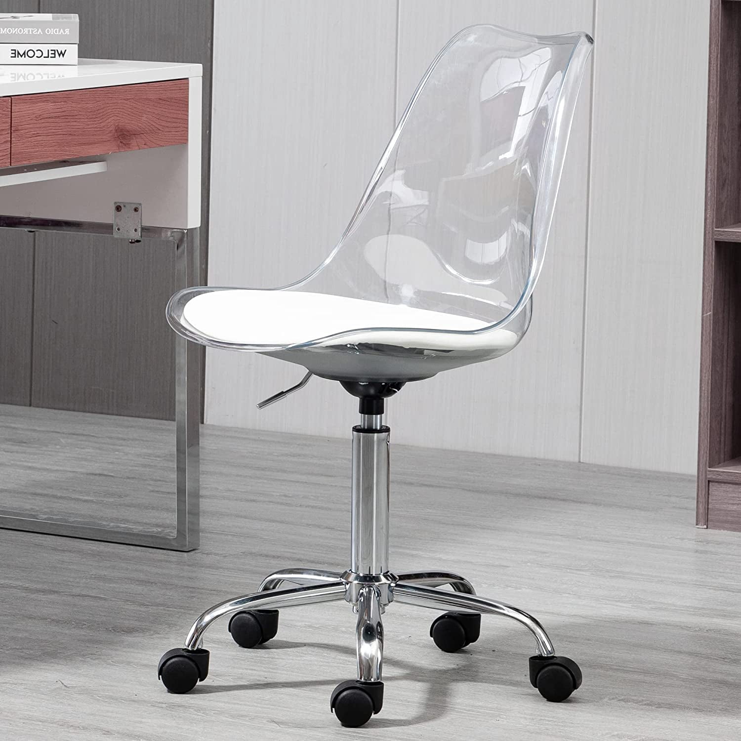 HOMEFUN Clear Desk Chair with Cushion, Armless Acrylic Rolling Chair ...