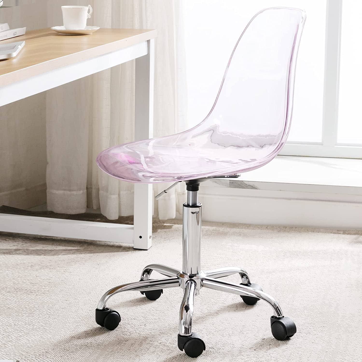 HOMEFUN Clear Desk Chair with Cushion, Armless Acrylic Rolling Chair ...