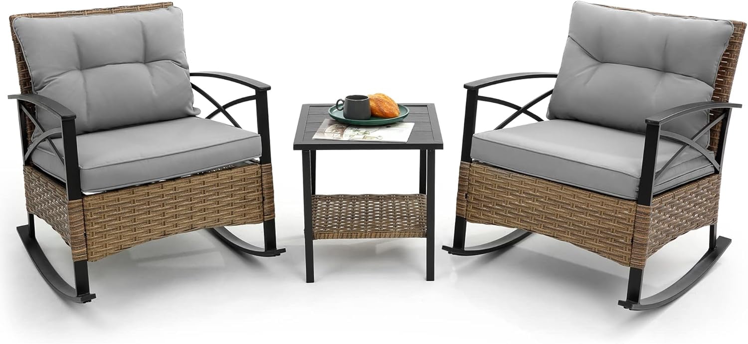 HOMEFUN Outdoor Rocking Chairs Set of 2, 3 Piece Patio Furniture with ...
