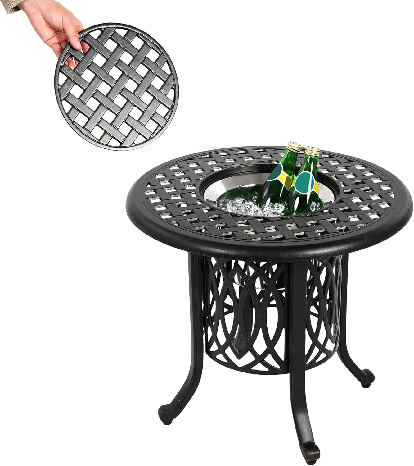 HOMEFUN Outdoor Side Table with Ice Bucket, Cast Aluminum Small Patio ...