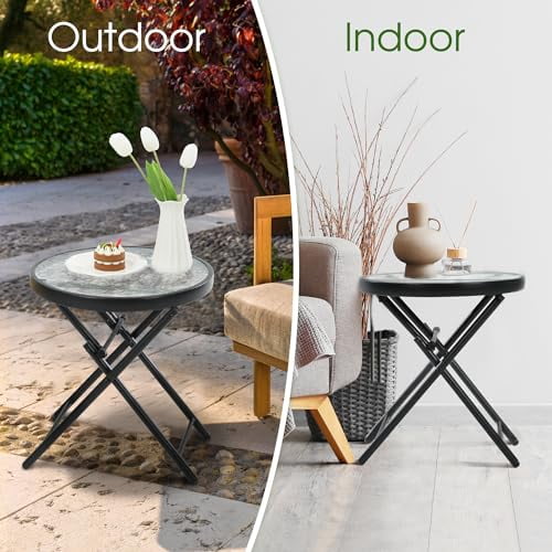 HOMEFUN Outdoor Side Tables - Folding Patio End Table with Tempered ...