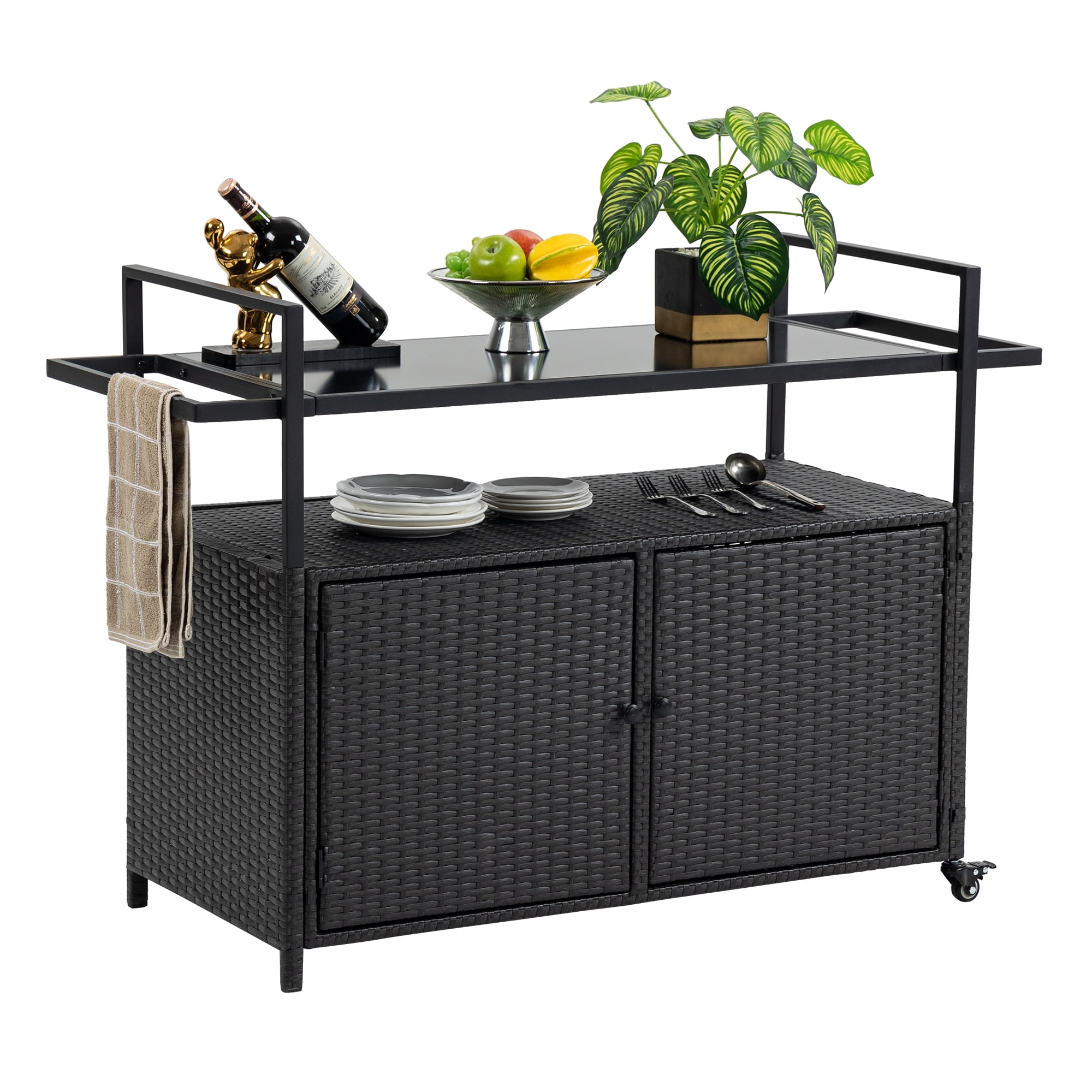 HOMEFUN Outdoor Wicker Bar Cart, Patio Wine Serving Cart w/Wheels ...