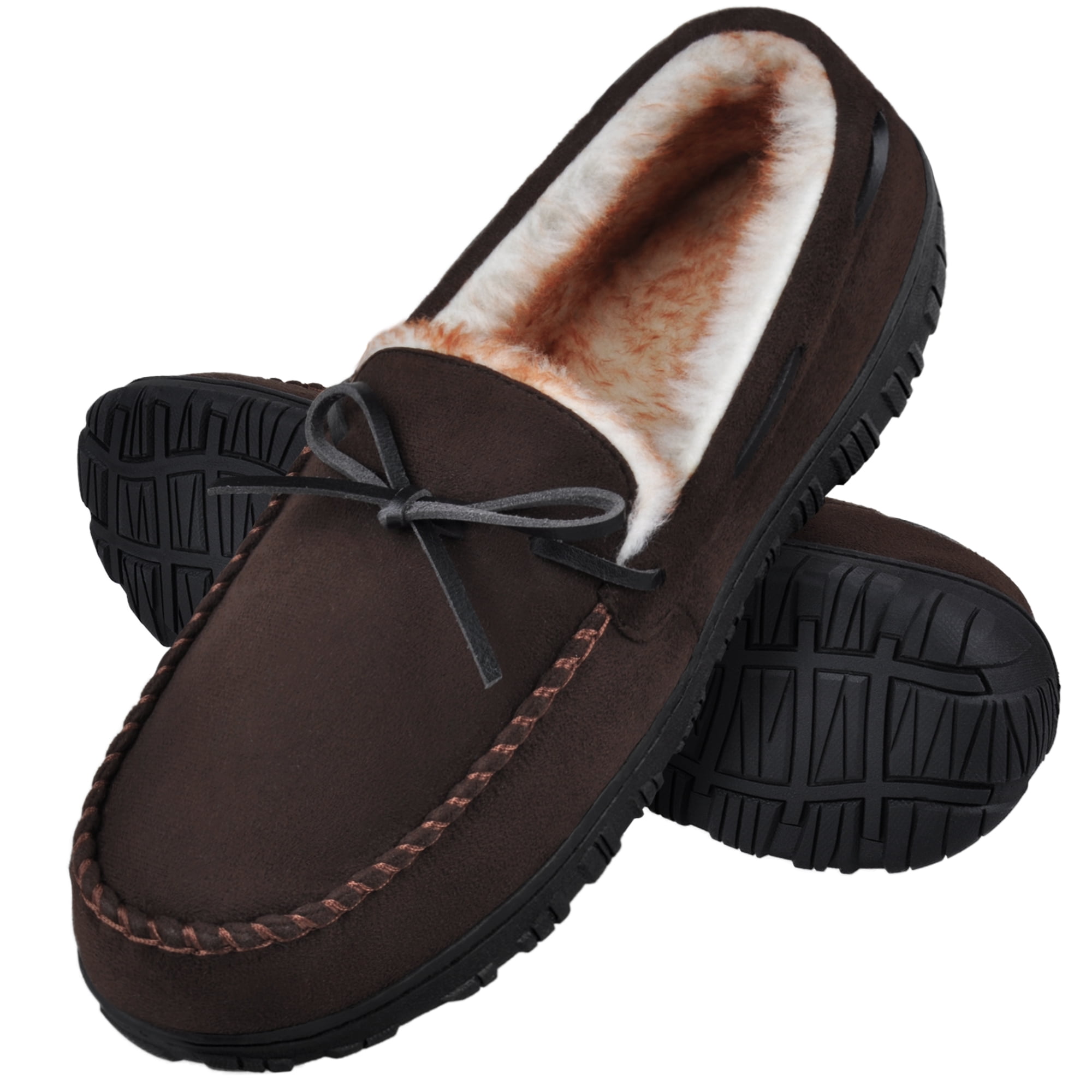 HOMEHOT Mens Moccasin Slippers, Memory Foam, Non-Slip Rubber Sole ...