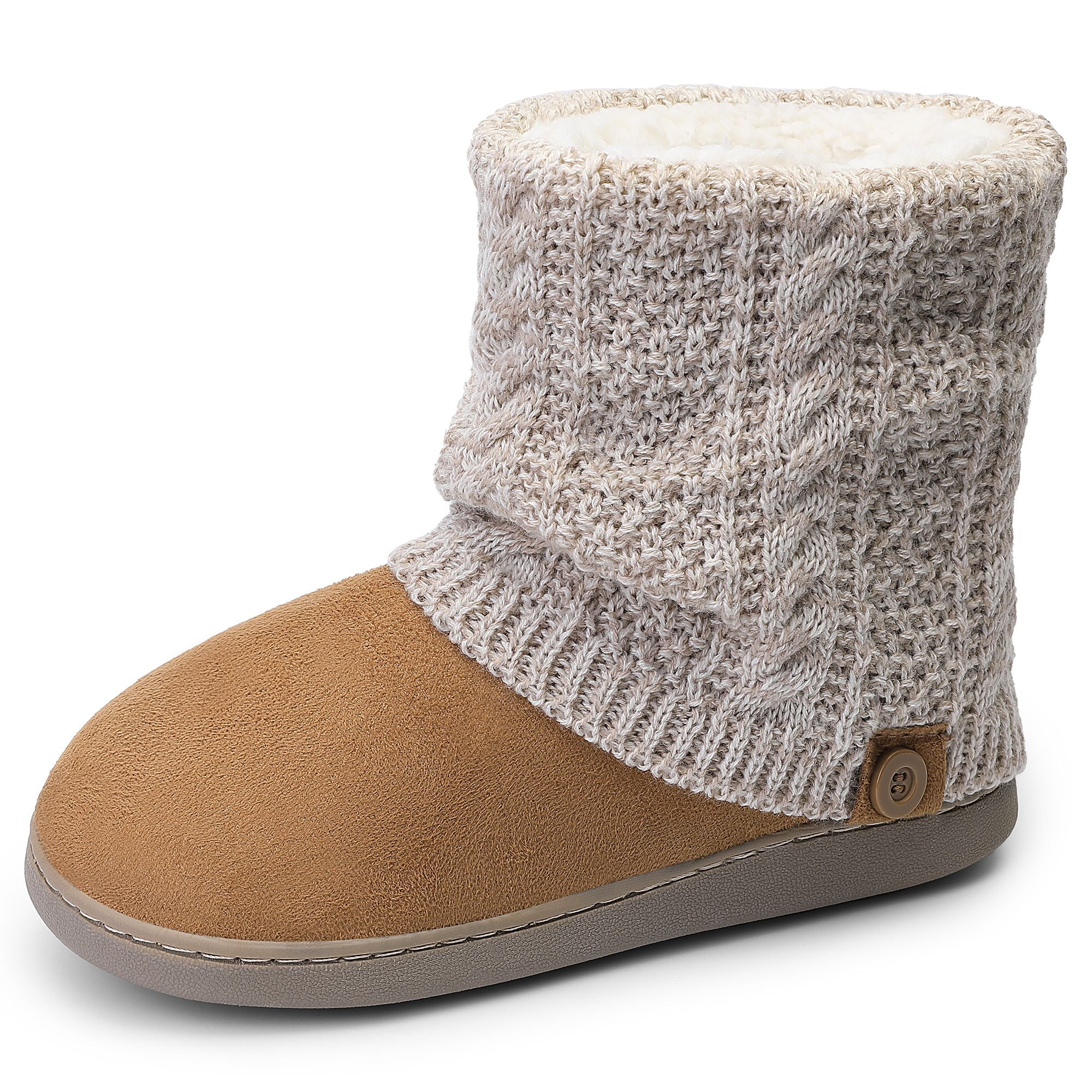 HOMEHOT Women's Bootie Slippers Warm Knit Plush Lining Boots Slip on Memory Foam House Slippers ...