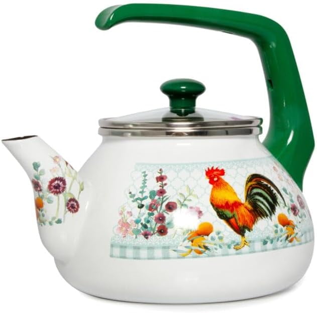 HOMEHUT Golden Rooster Enamel Kettle 2.3-Qt - Durable Aluminum Enamel ...