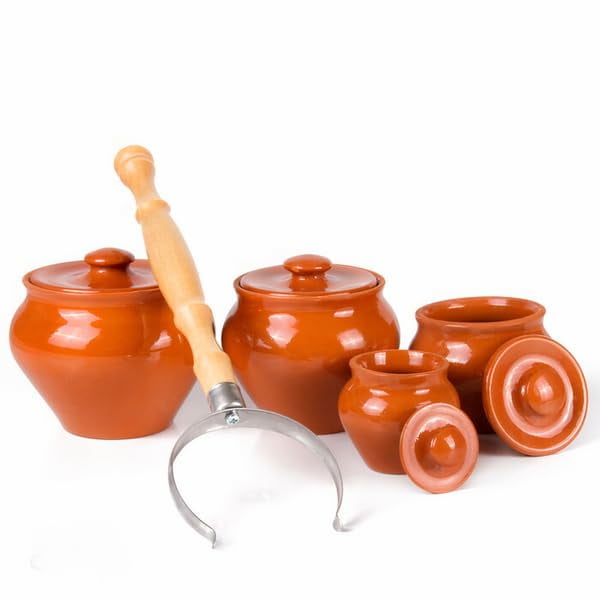 HOMEHUT Traditional Natural Clay Stoneware Baking Pots with Lids ...