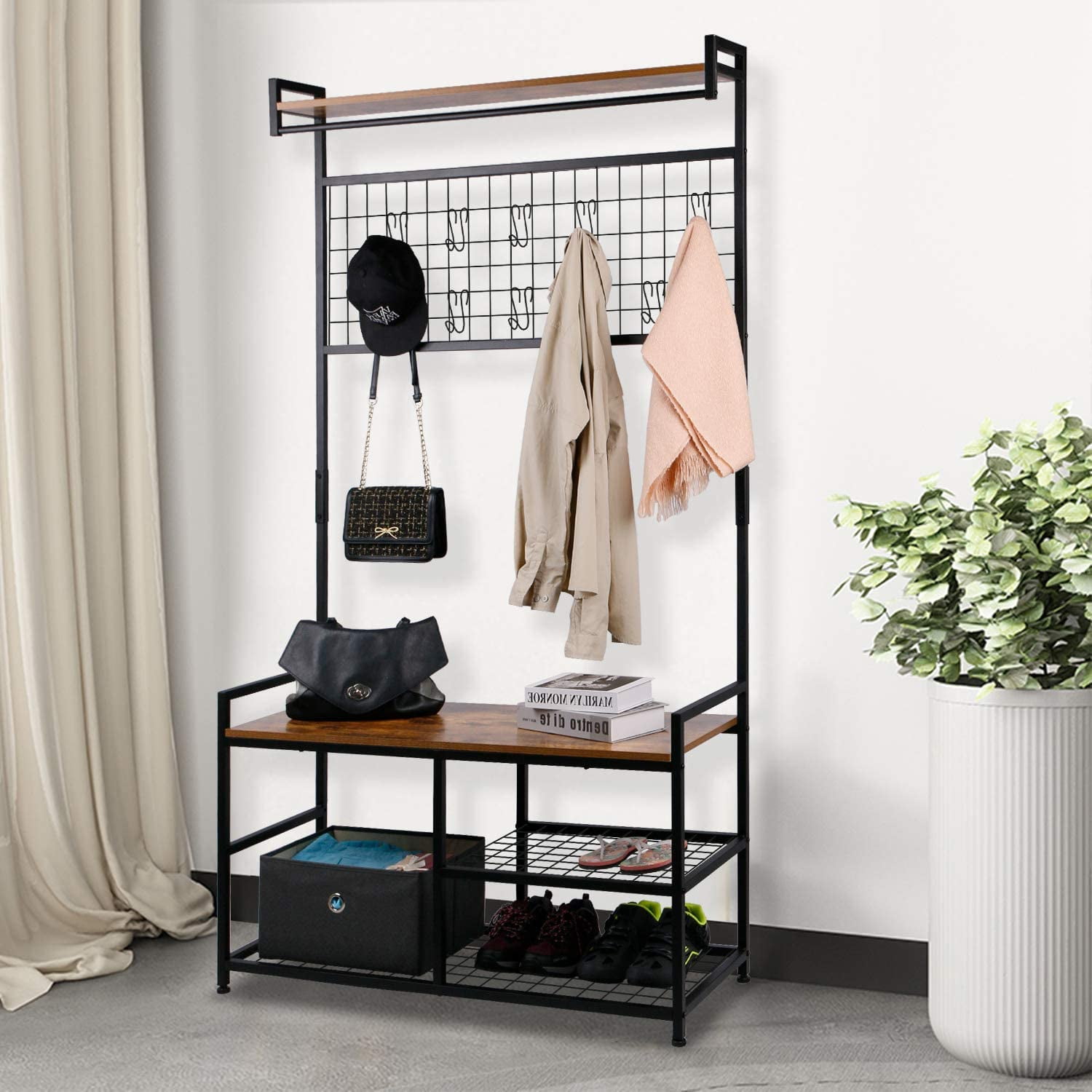 HOMEKOKO 76" Sturdy Entryway Hall Tree with Bench and Storage,Rustic ...