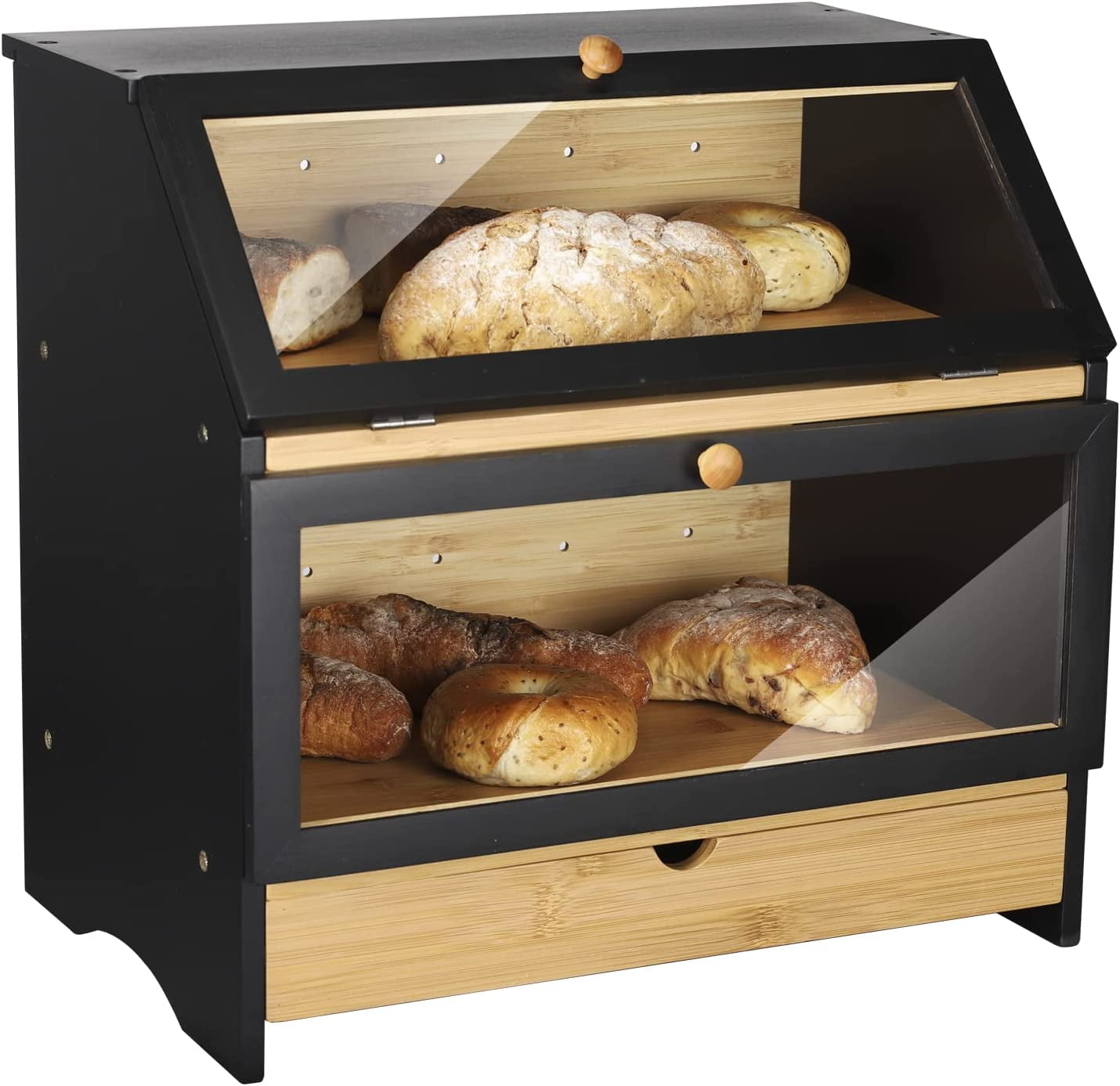 HOMEKOKO Large Two-layer Bamboo Bread Box with Drawer, Black Double ...