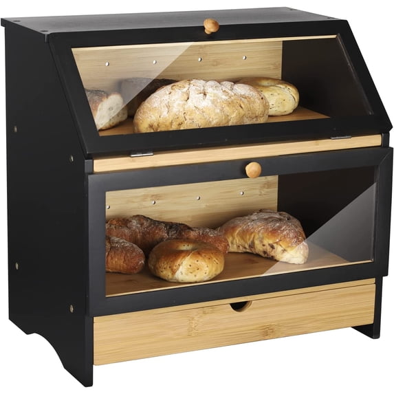 HOMEKOKO Large Two-layer Bamboo Bread Box with Drawer, Black Double ...