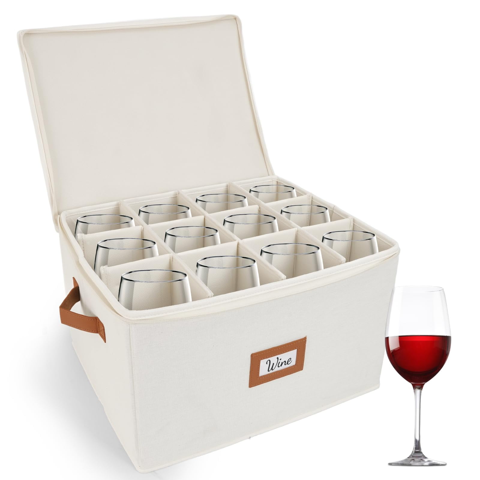 HOMELUX THEORY Wine Glass Storage Box with Dividers, Ivory Hard Shell ...