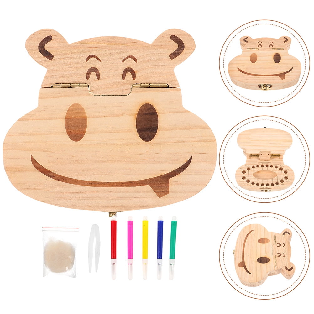 HOMEMAXS 2 Set Wooden Hippo Shaped Tooth Storage Box With Tweezers Pen ...