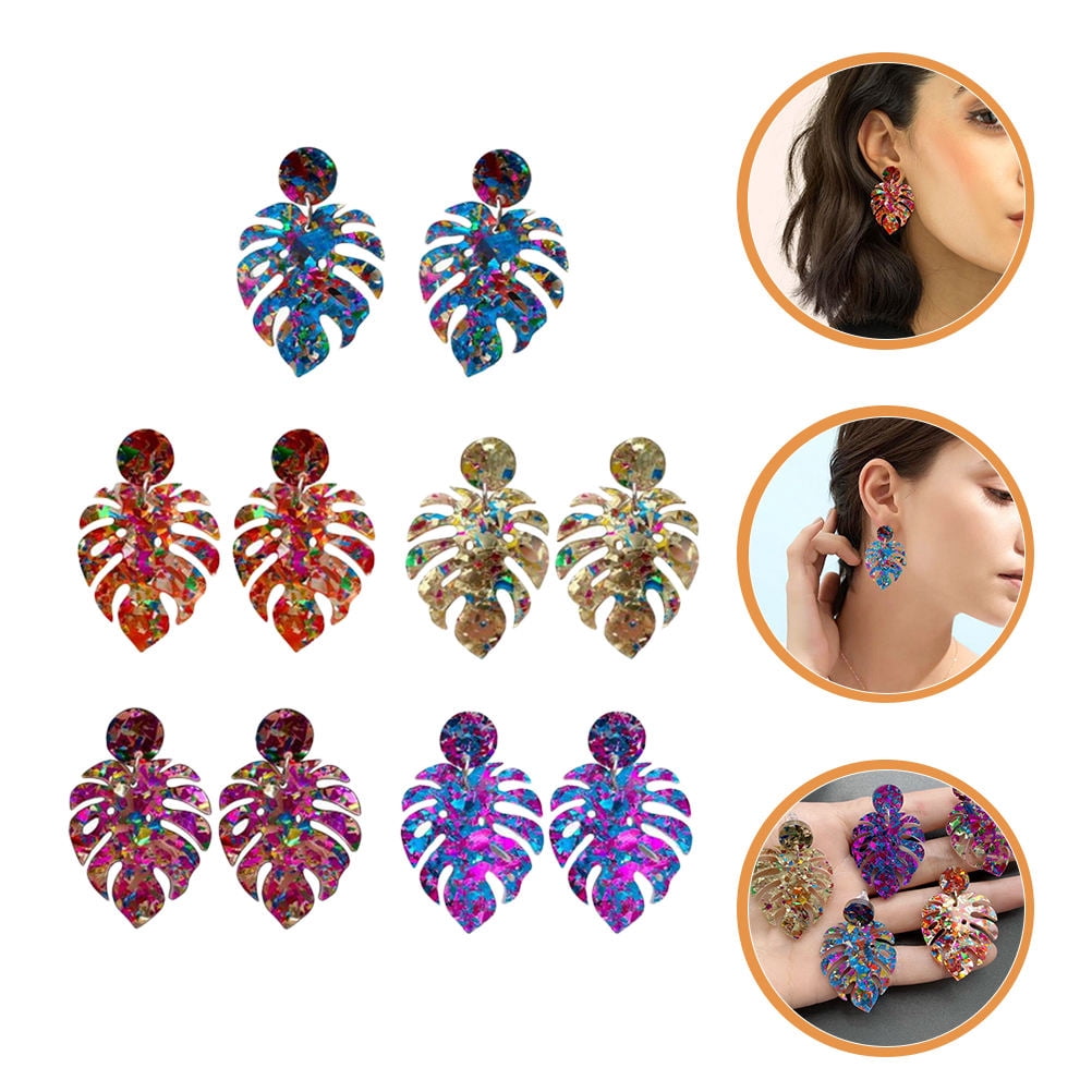 5 Pairs Summer Earrings Jewelry Glitter Leaf Fringe Dangle Woman ...