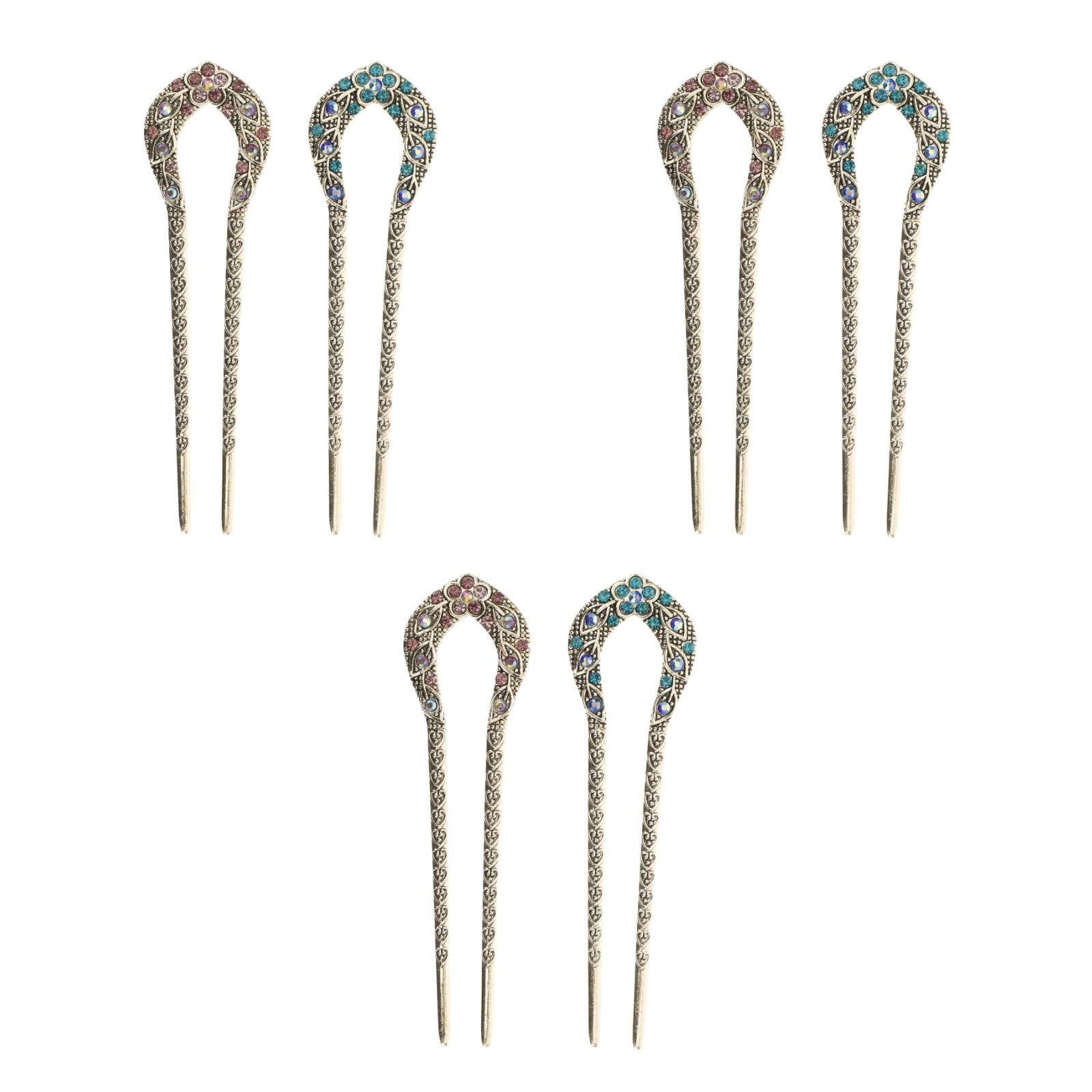 6 pcs Vintage Hair Stick Crystal Rhinestone Double Prong Hair Pin Stick ...