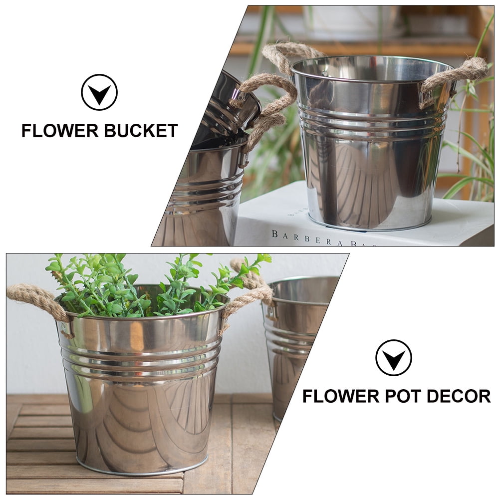 HOMEMAXS Galvanized Bucket Silver Stainless Steel Flower Pot with Rope ...