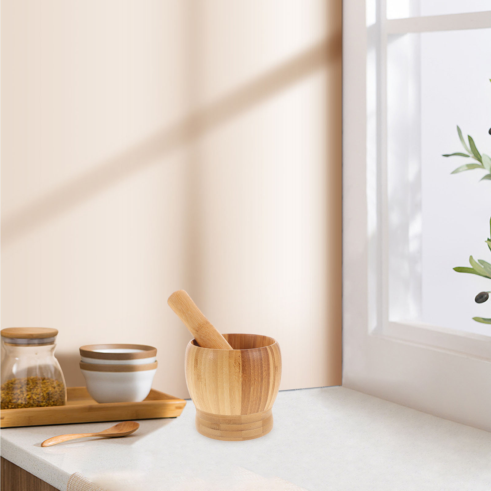 HOMEMAXS Garlic Bowl Wooden Pounder Kitchen Crush Pot Grinding Fresh ...