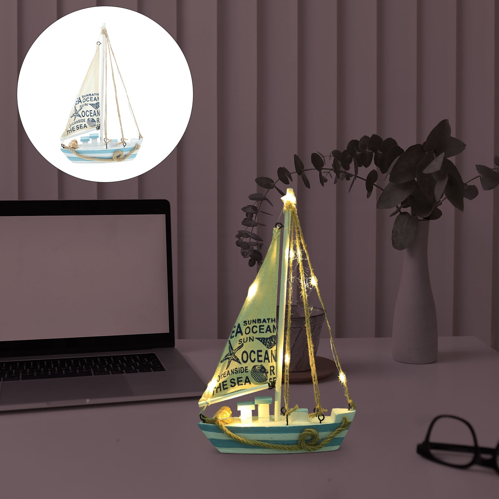 HOMEMAXS Mediterranean Style LED Sailboat Model Decor Wooden Sailing ...