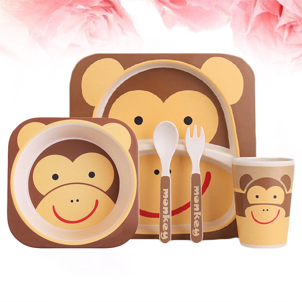 HOMEMAXS Monkey Pattern Kids Bamboo Fiber Dinnerware Set Portable ...